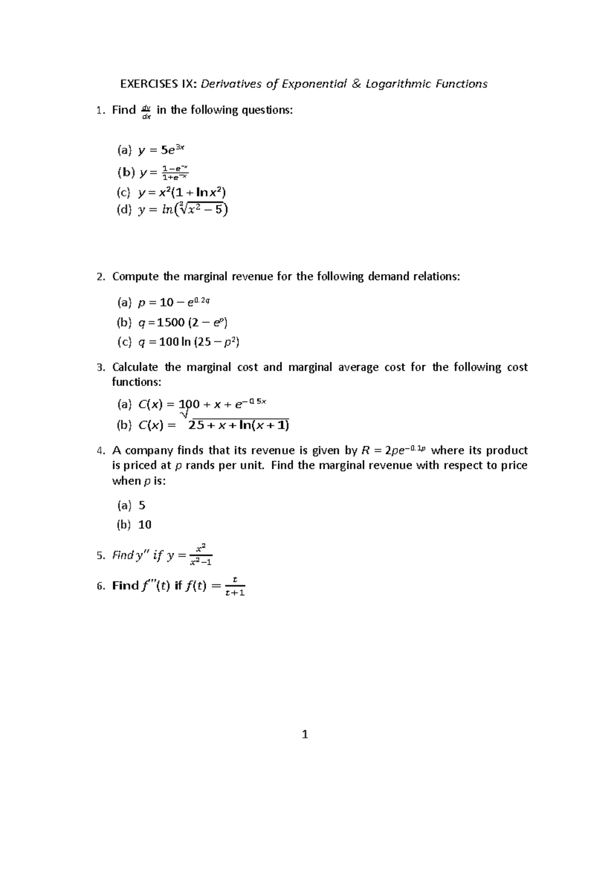 EXERCISES IX: Derivatives & Marginal Analysis 2025 - Studocu