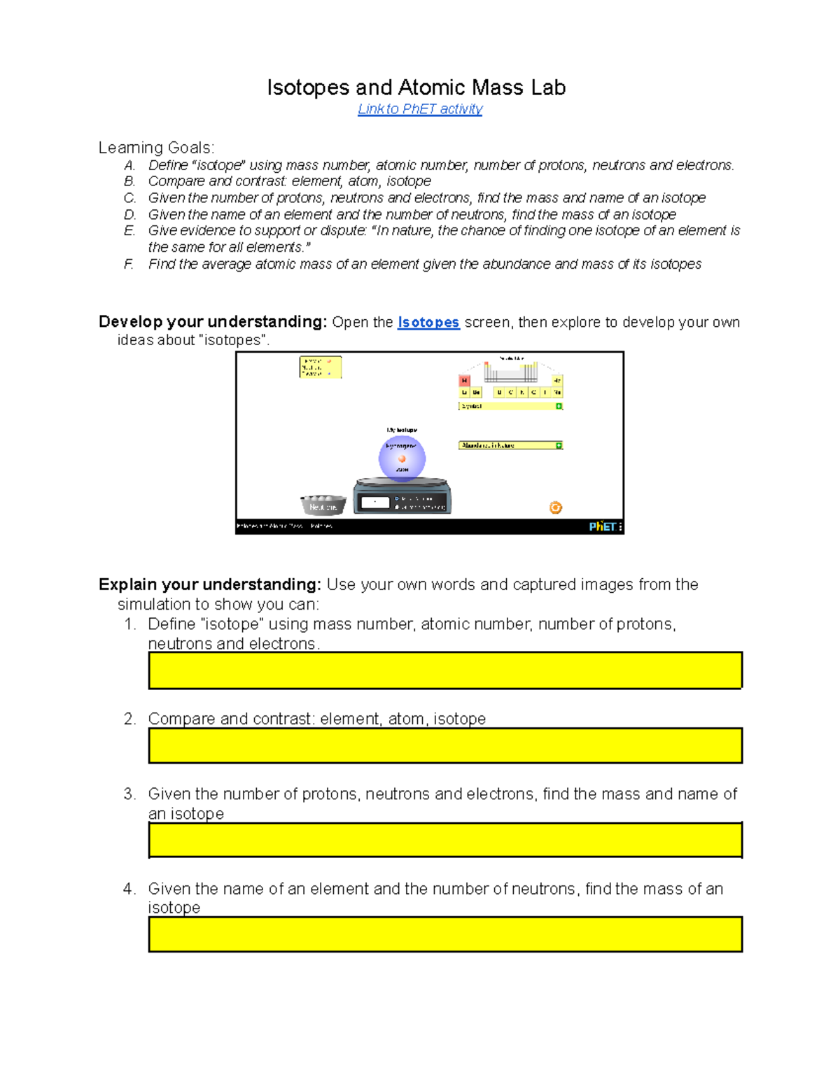 PhET Isotopes and Atomic Mass Lab: Exploring Concepts of Isotopes - Studocu