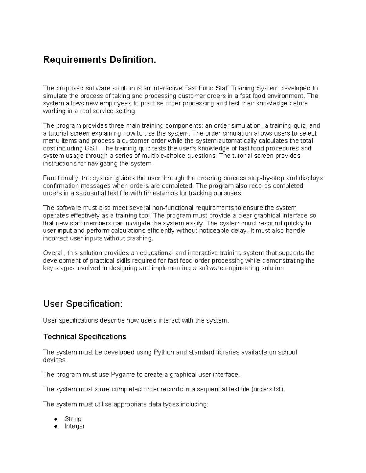 Fast Food Staff Training System Requirements (SE 101) - Studocu