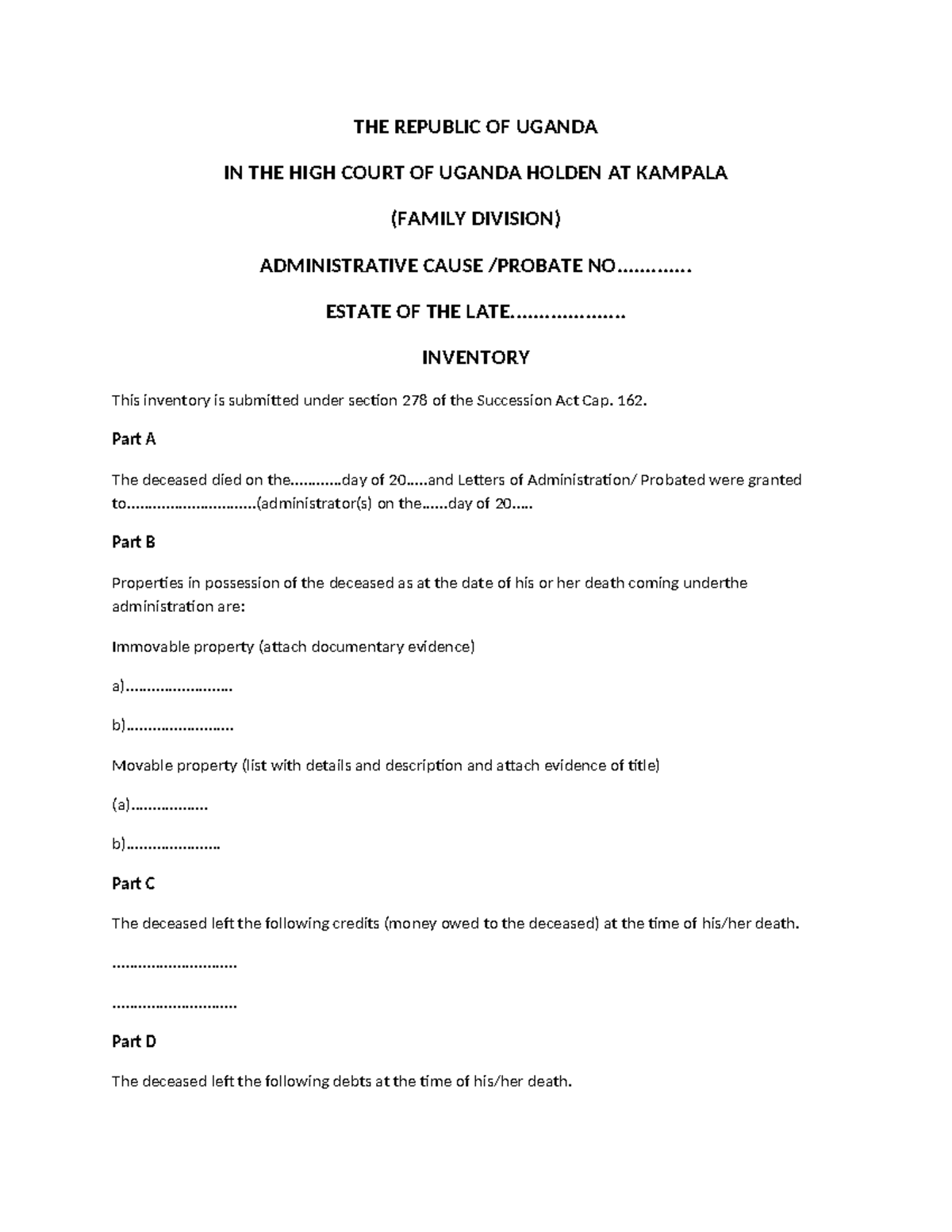 Inventory Form for Estate Administration in Uganda - Studocu