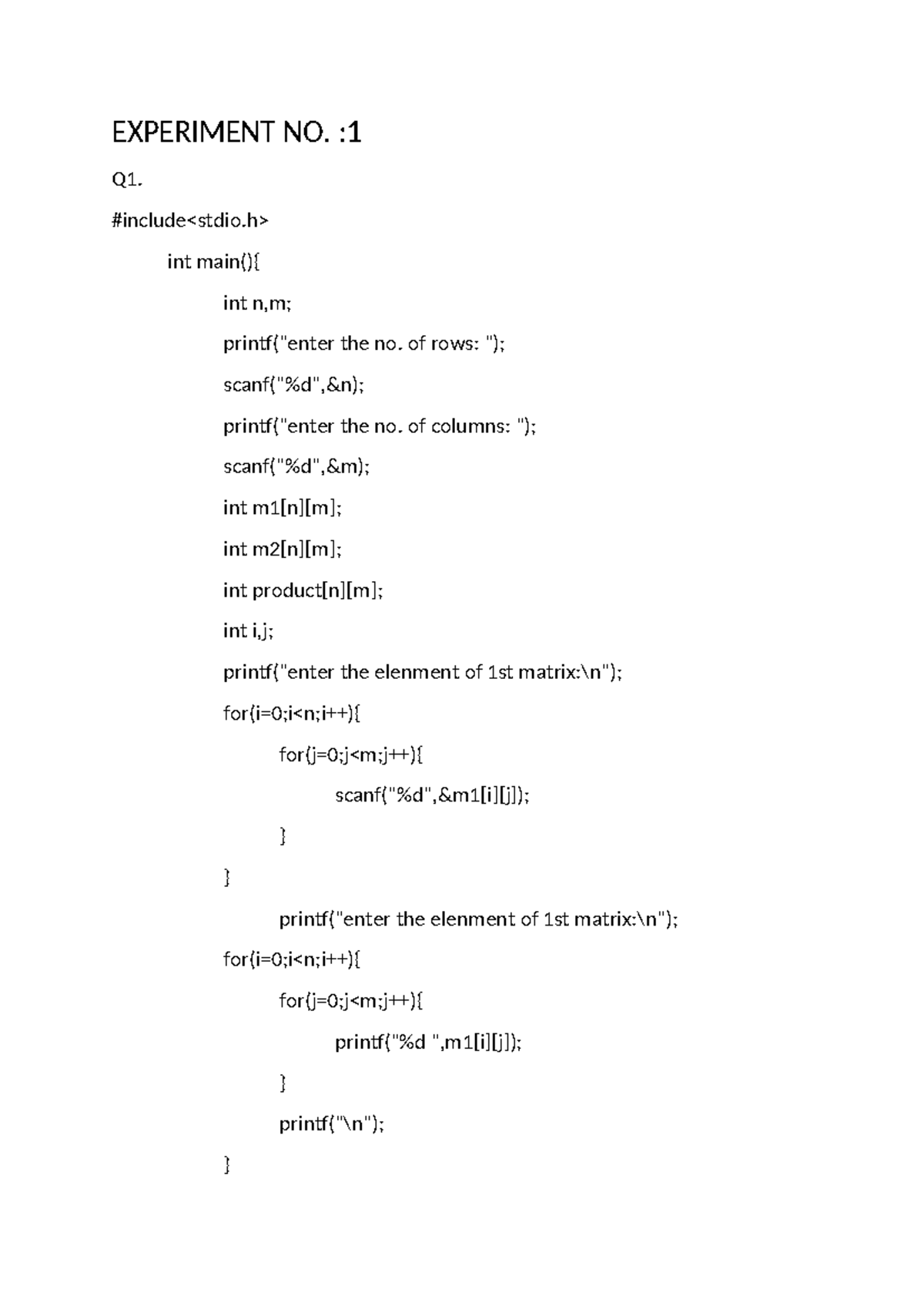 Matrix Operations: Experiment No. 1 - Input and Output Analysis - Studocu
