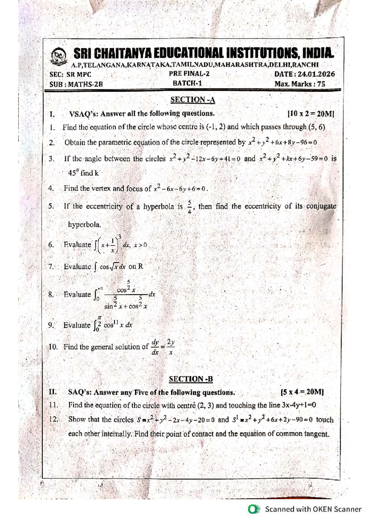 SRI CHAITANYA EDUCATIONAL INSTITUTIONS: SR MPC PRE 2026 Exam Q&A - Studocu