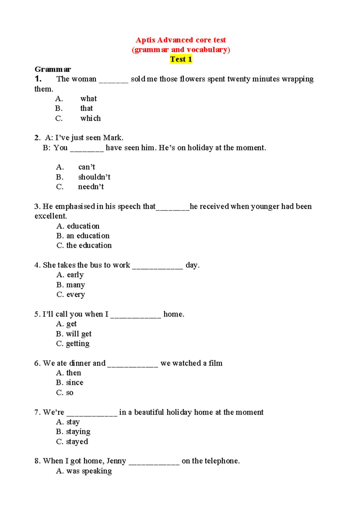 Aptis Advanced Core Test (Grammar & Vocabulary) - Test 1 - Studocu