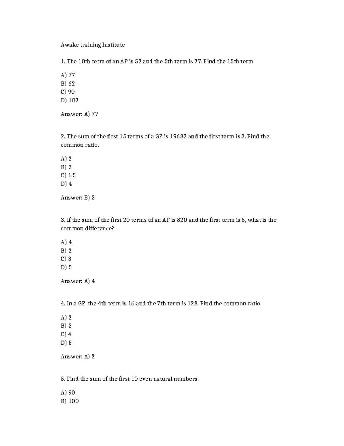 Aptitude Questions Set for Training Institute - Term 10 - Studocu