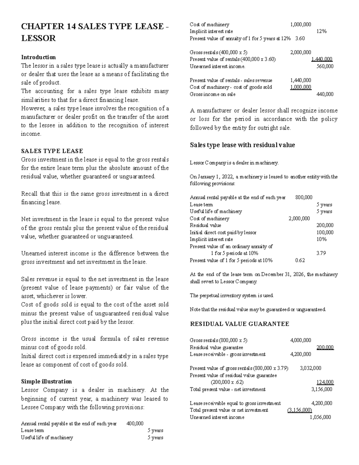 IA - Chapter 14 - Summary: Sales Type Lease in Intermediate Accounting ...