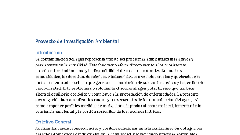 Proyecto de Investigación Ambiental: Contaminación del Agua - Studocu