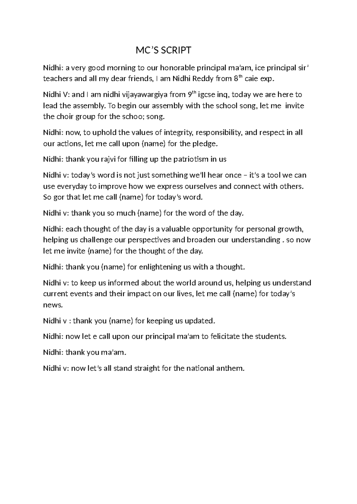 MC script - MC’S SCRIPT Nidhi: a very good morning to our honorable ...