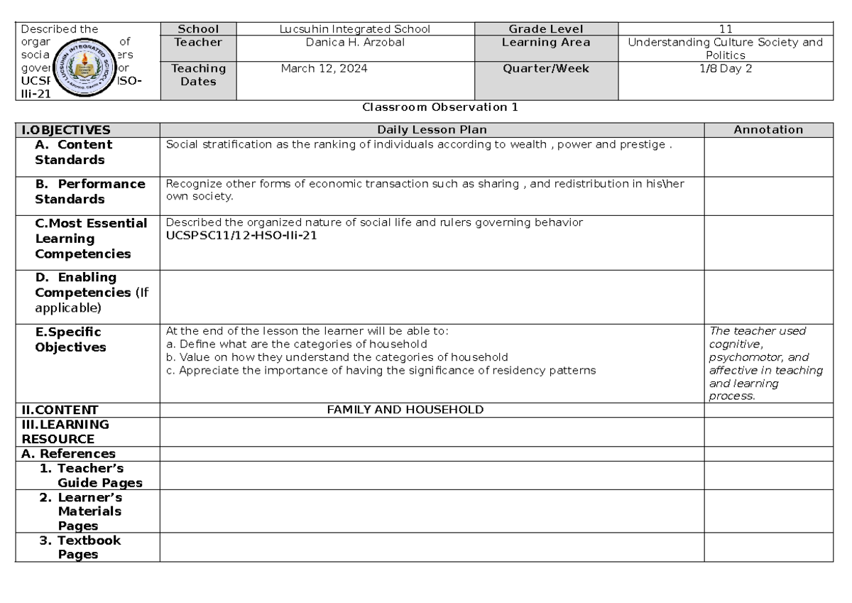 UCSP 11/12 Family and Household Daily Lesson Plan for Week 8, Day 2 ...