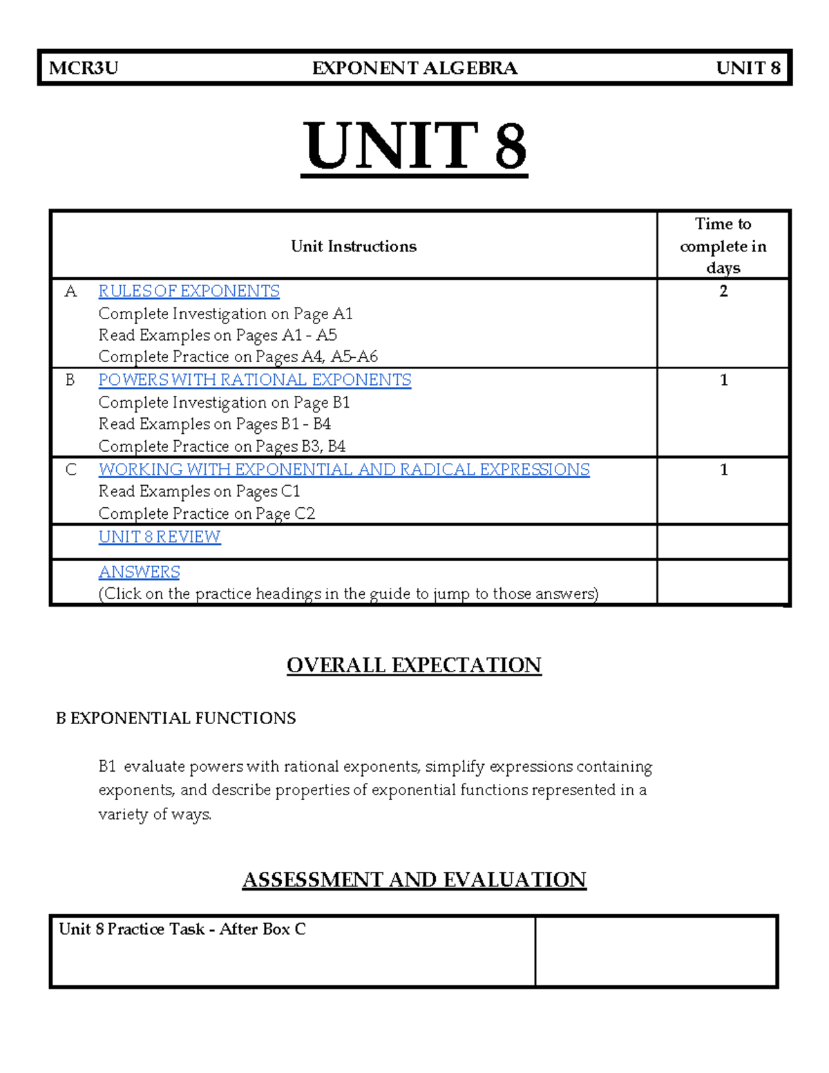 MCR3U EXPONENT ALGEBRA UNIT 8: RULES & PRACTICES - Studocu