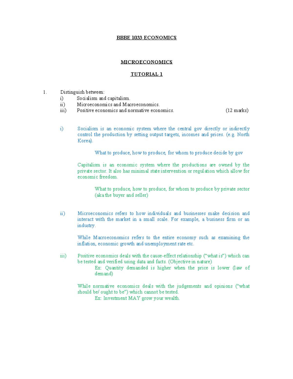 BBBE 1033 Microeconomics Tutorial 1: Key Concepts & Examples - Studocu
