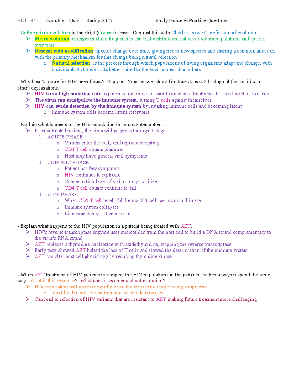 BIOL 415 Evolution Quiz I Spring 2025 Study Guide and Practice Questions - Studocu