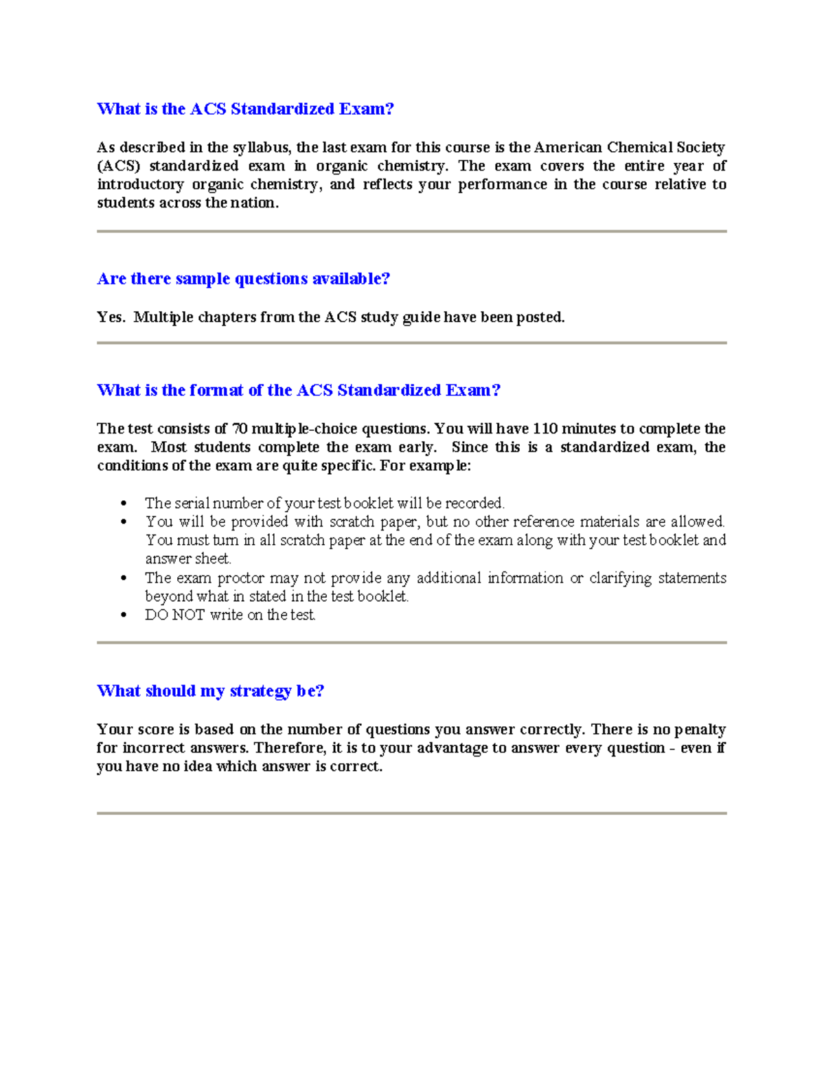 ACS Exam Info: Strategies and Topics for Organic Chemistry Exam - Studocu
