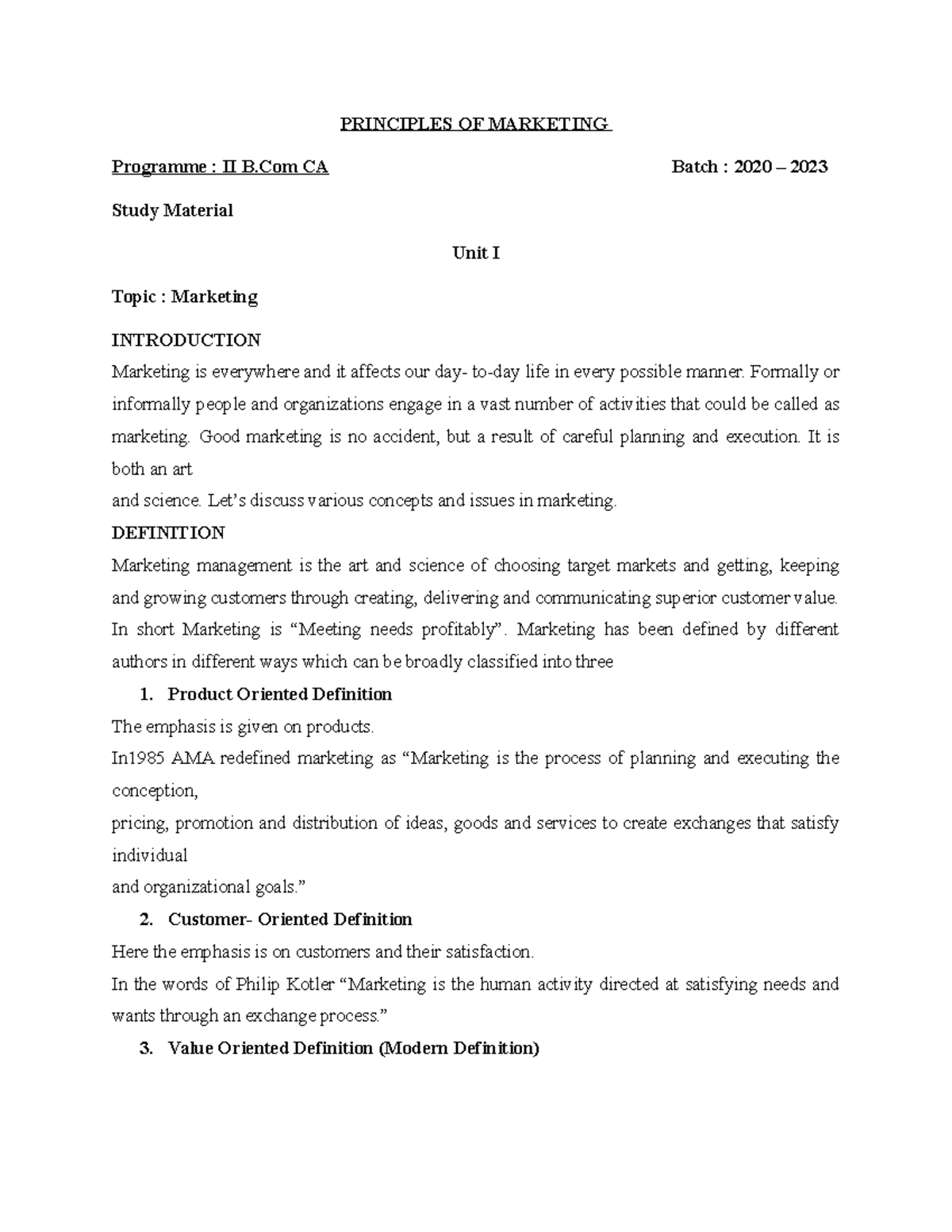 Principles of Marketing: Unit I Overview and Key Concepts - Studocu