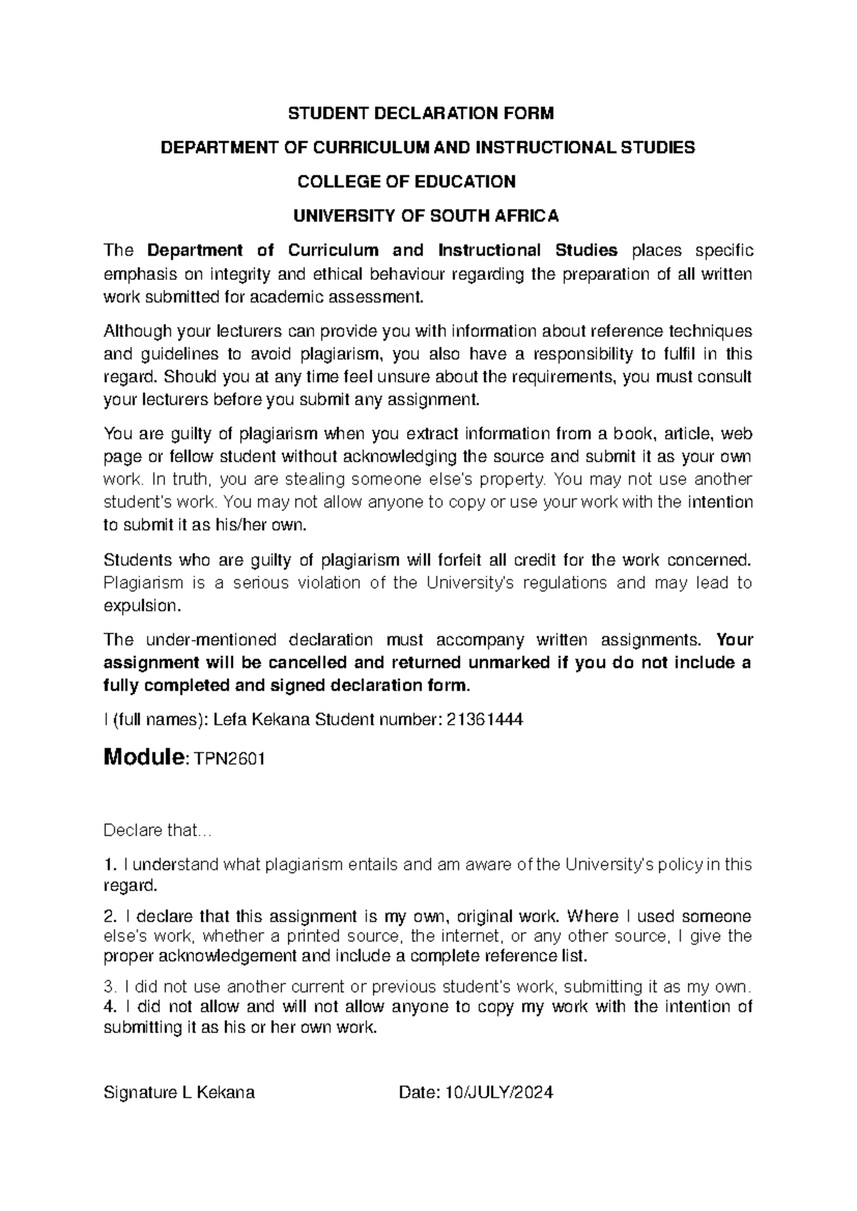TPN2601 Assessment 2 - Student Declaration and Classroom Observation ...