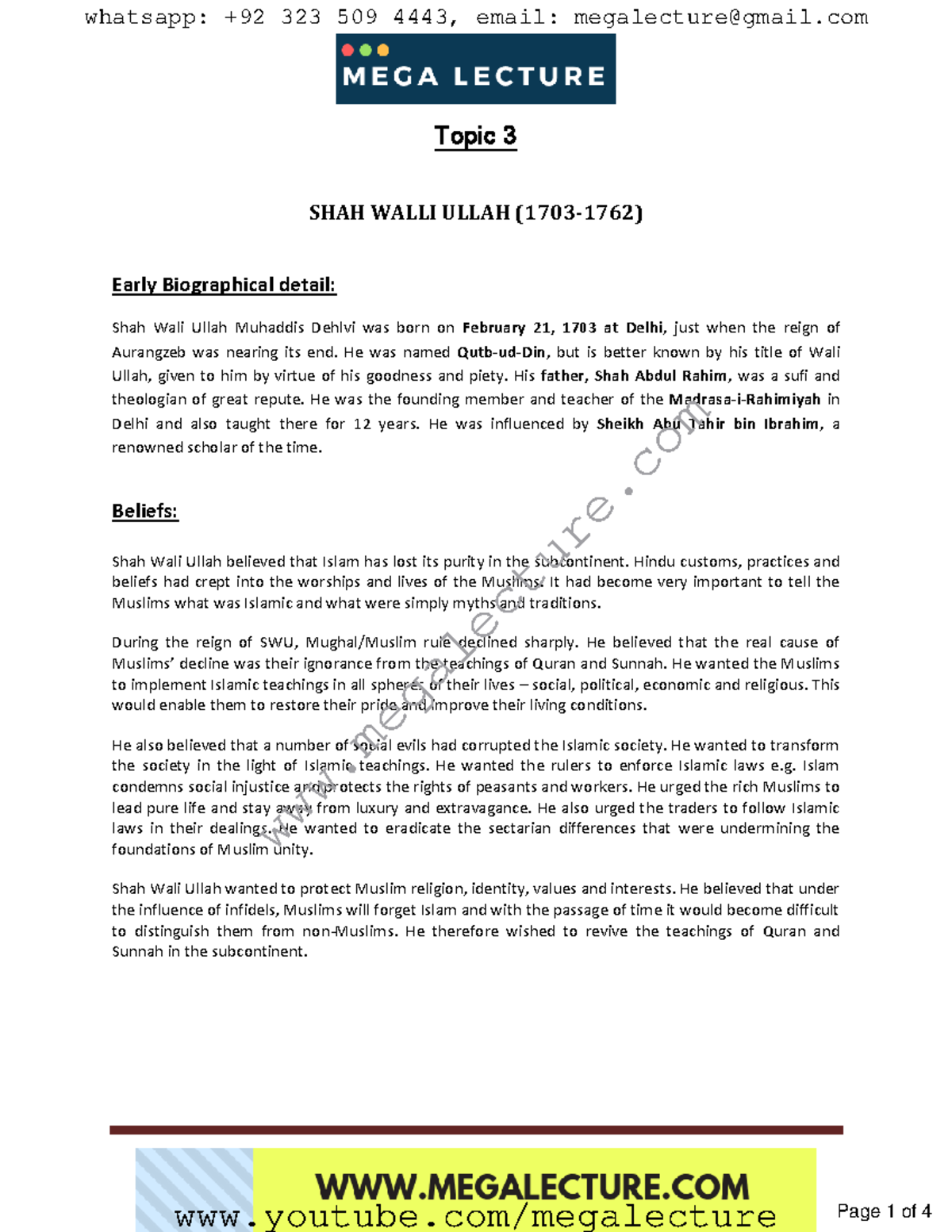 HIST Topic 3: The Influential Legacy of Shah Wali Ullah (1703-1762 ...