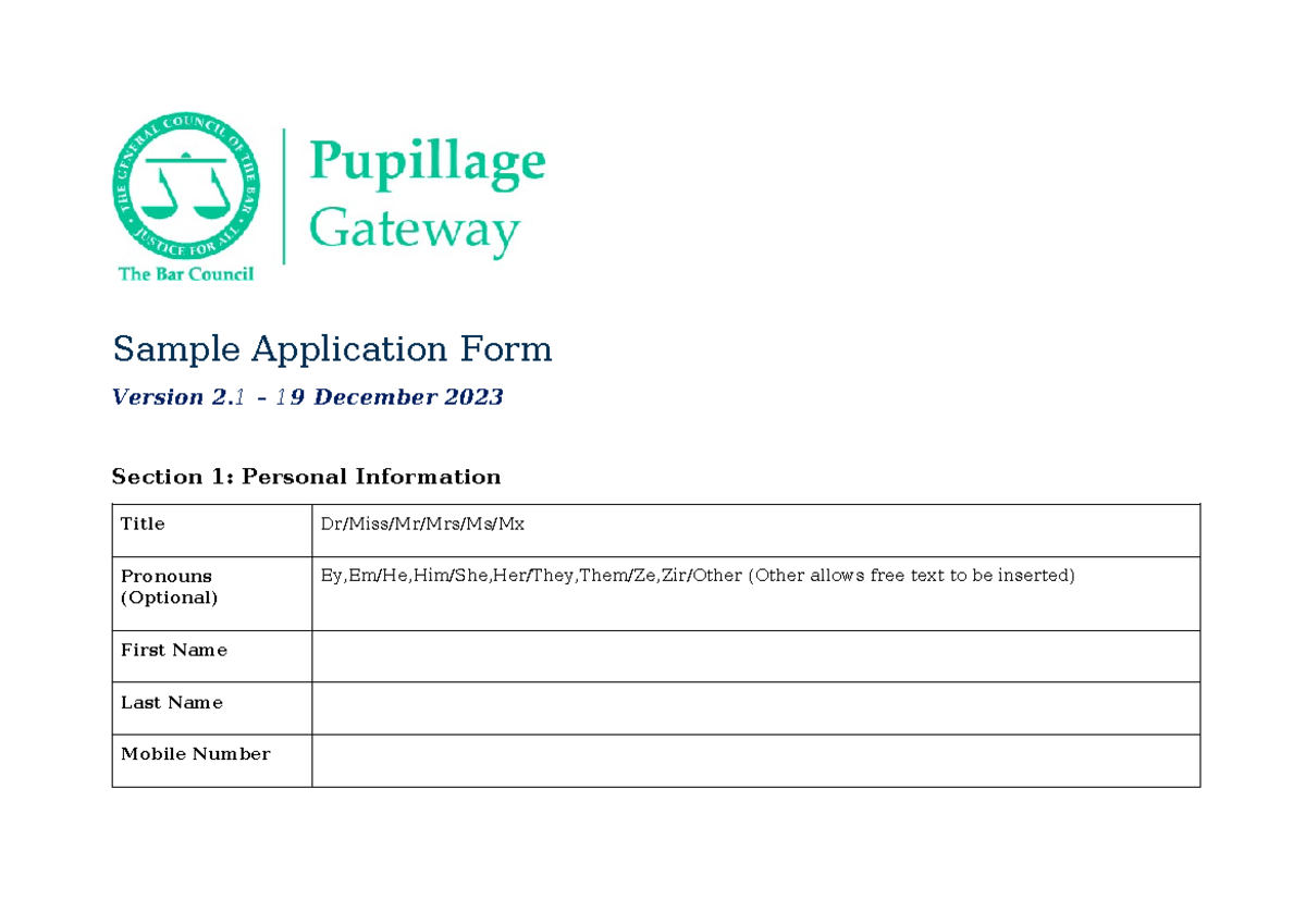 Pupillage Gateway Sample Application Form V2.1 - Nov 2023 - Studocu