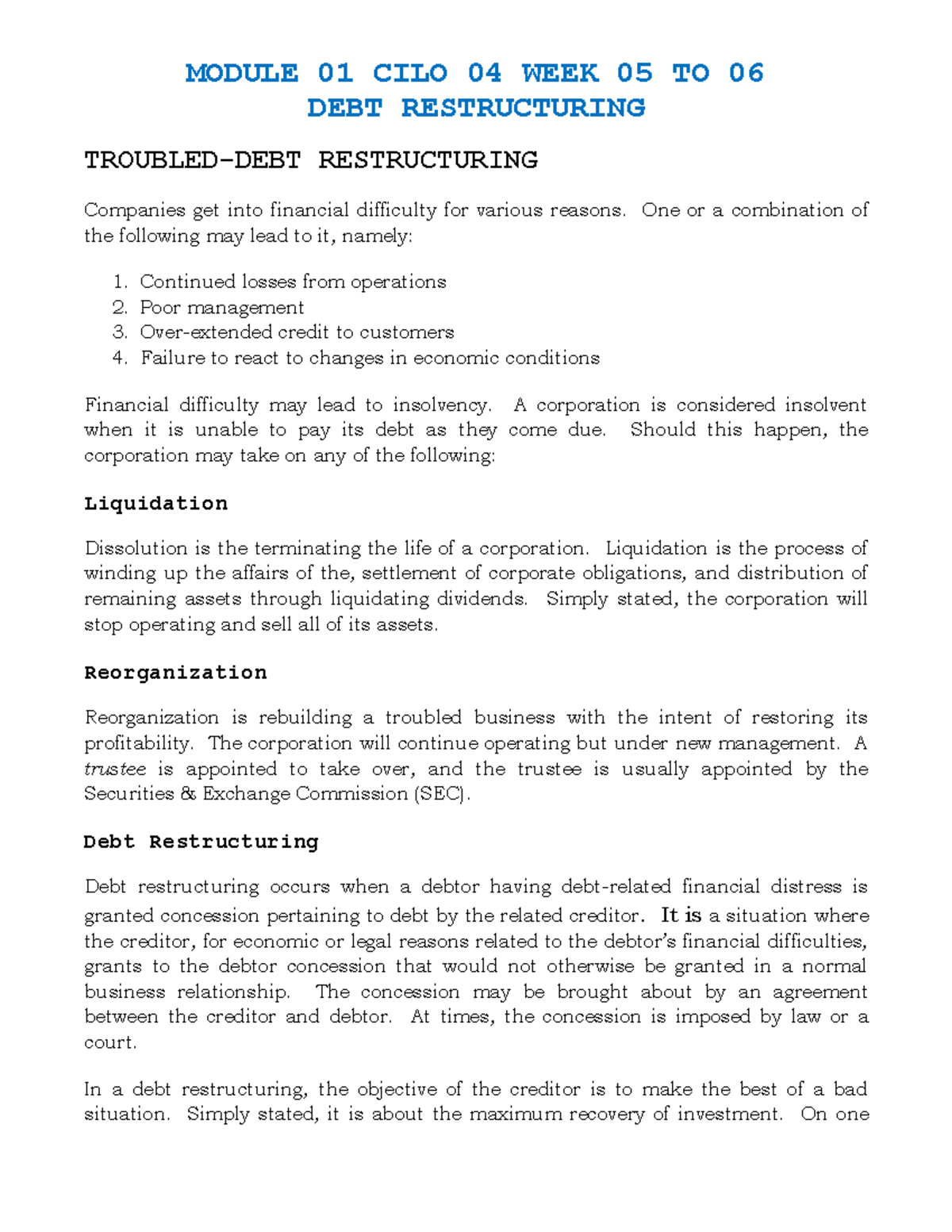 (06) M01 WK05 to WK06 Debt Restructure - DEBT RESTRUCTURING TROUBLED-DEBT RESTRUCTURING ...