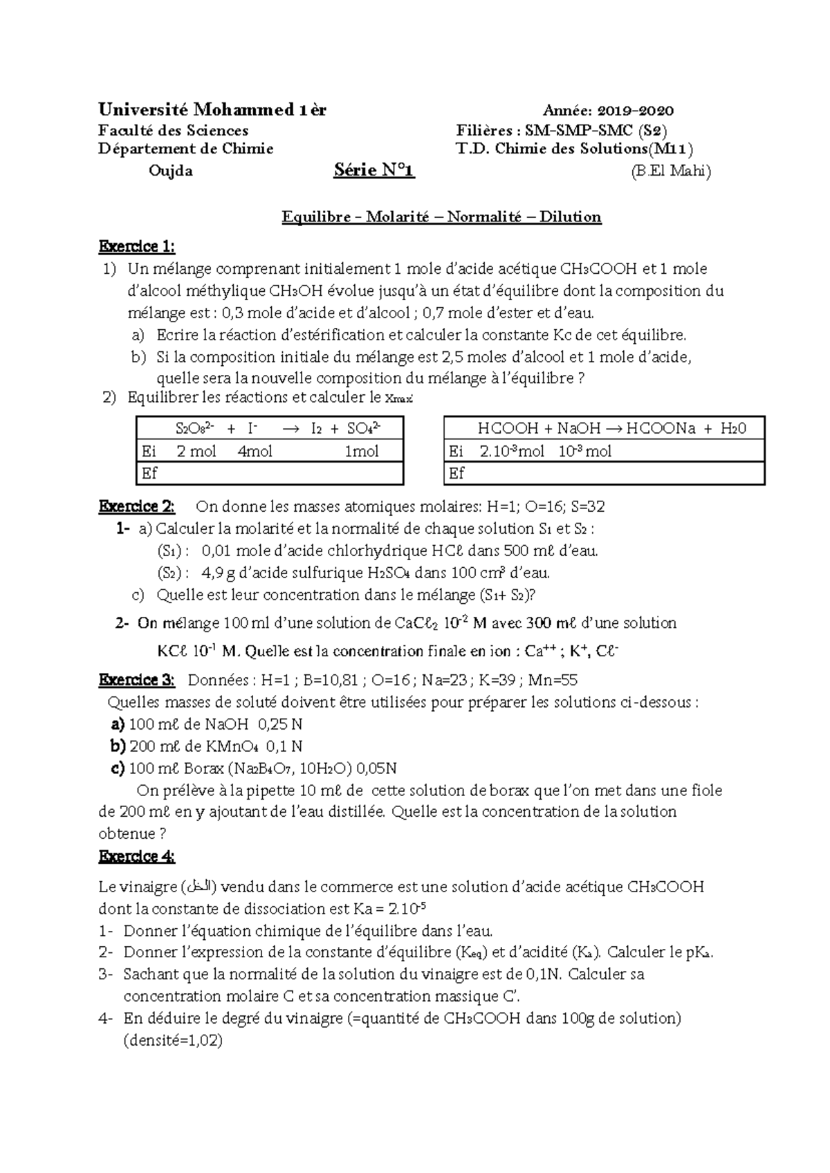 TD Chimie solutions SMPC S2 2020(El Mahi) - Université Mohammed 1èr ...