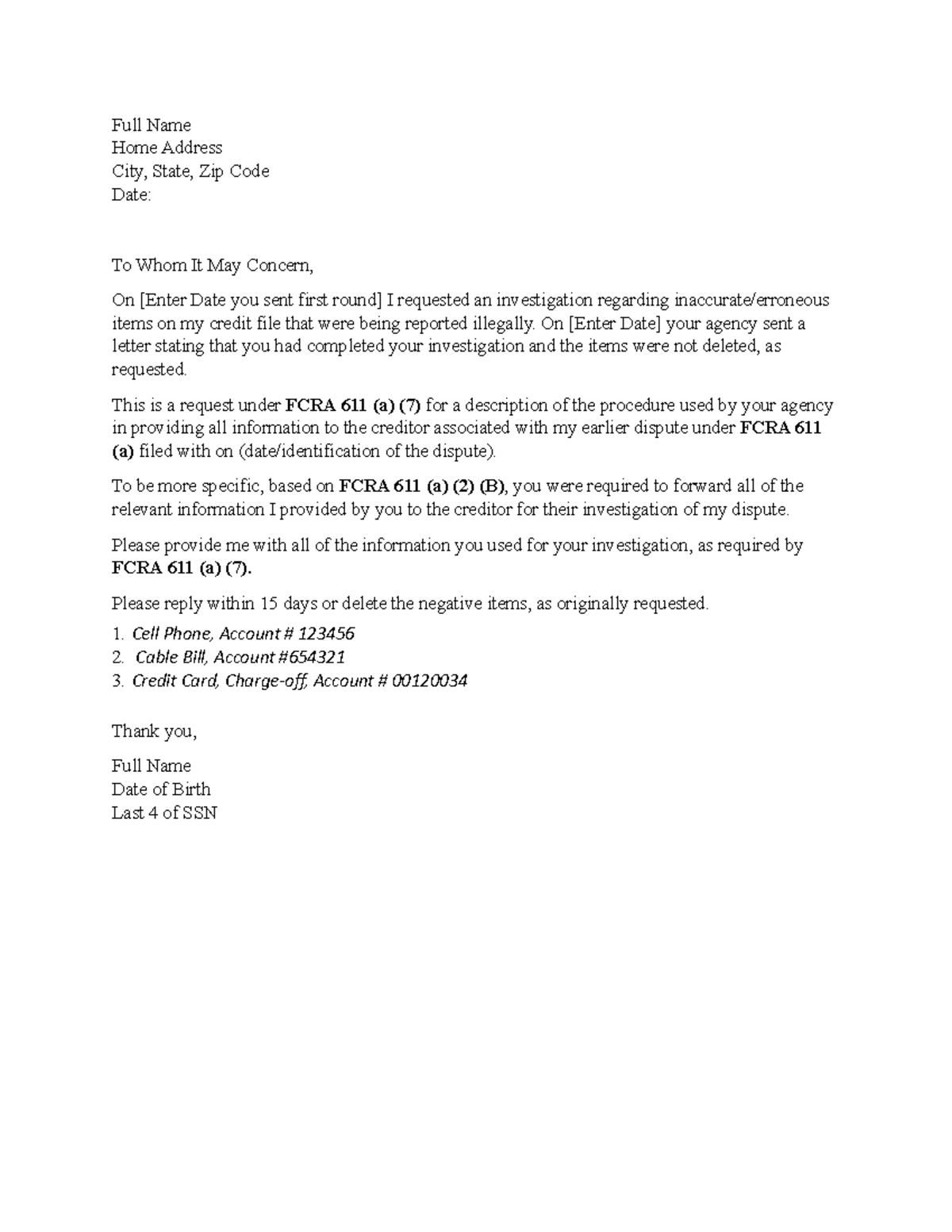 FCRA 611(a) Request Letter - MOV Letter Notes - Studocu