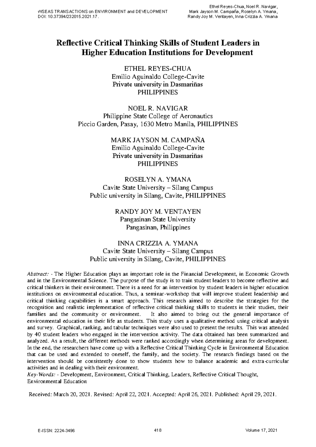 Reflective Critical Thinking Skills in Environmental Education (WSEAS ...