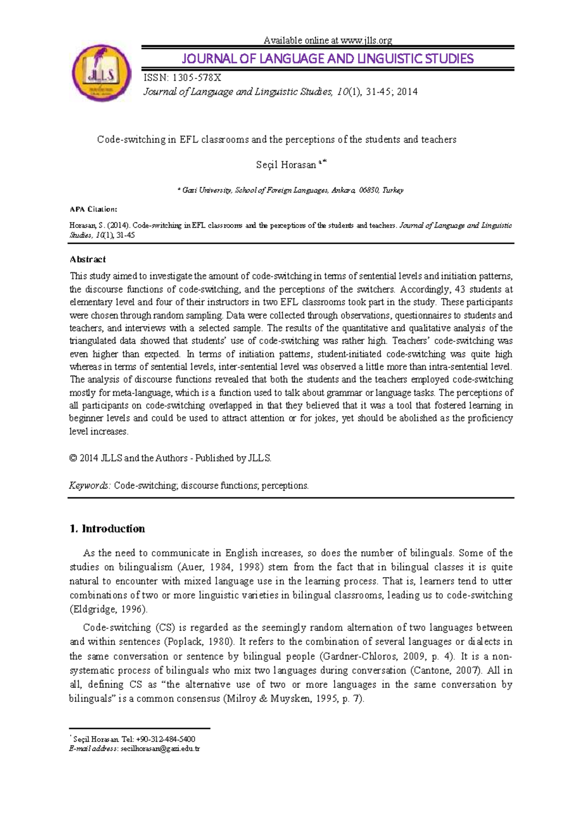 EFL Classroom Code-Switching: Student and Teacher Perceptions (JLLS ...