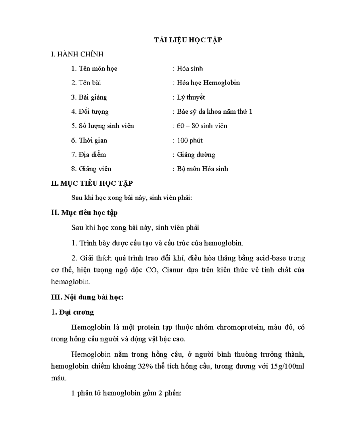 Tài liệu Học Tập: Hóa Học Hemoglobin - Hóa Sinh 1 (Lý Thuyết) - Studocu