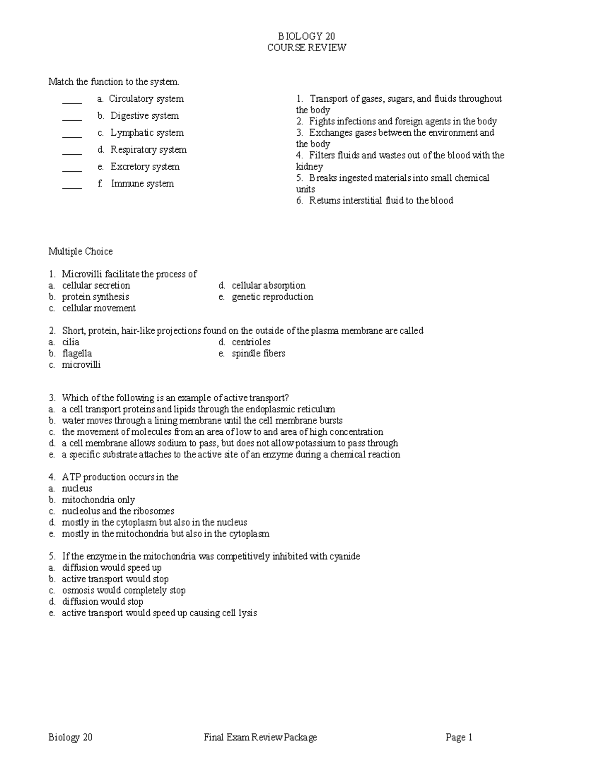 BIOLOGY 20 Final Exam Review Package: Key Concepts and Questions - Studocu