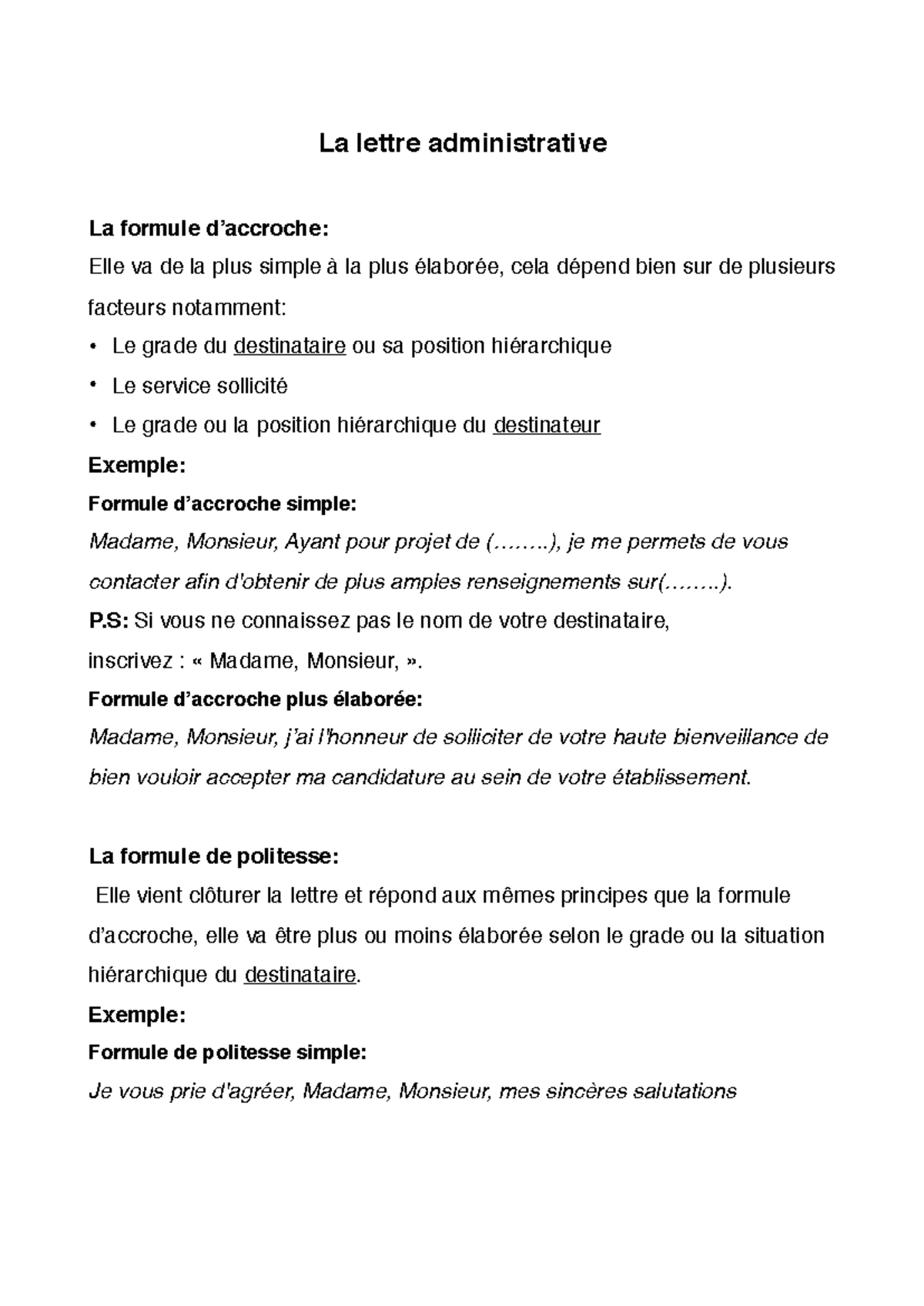 La lettre administrative : Guide de rédaction et formules utiles - Studocu