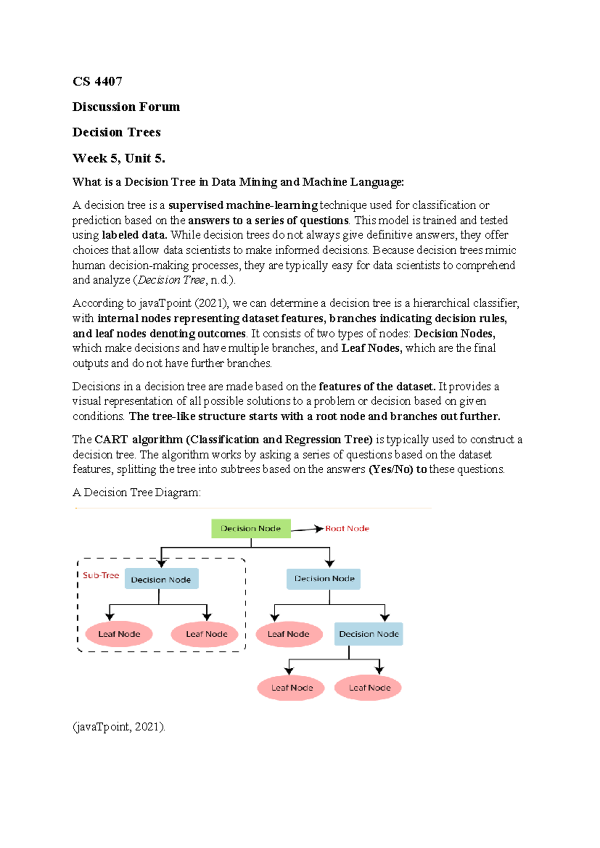 CS 4407 Discussion Forum: Overview of Decision Trees - Week 5 - Studocu