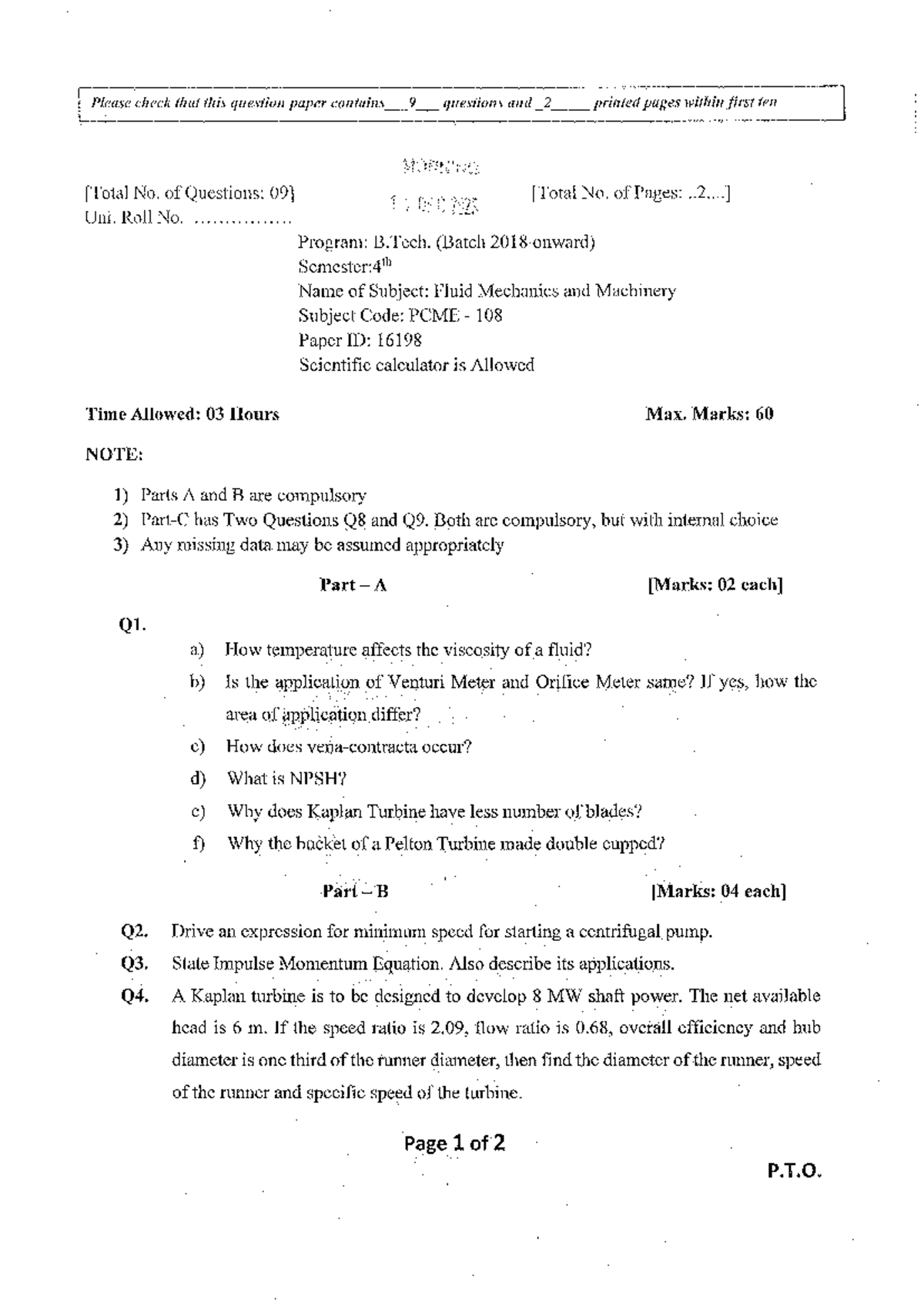 PCME 108 - Fluid Mechanics & Machinery Question Paper - Studocu