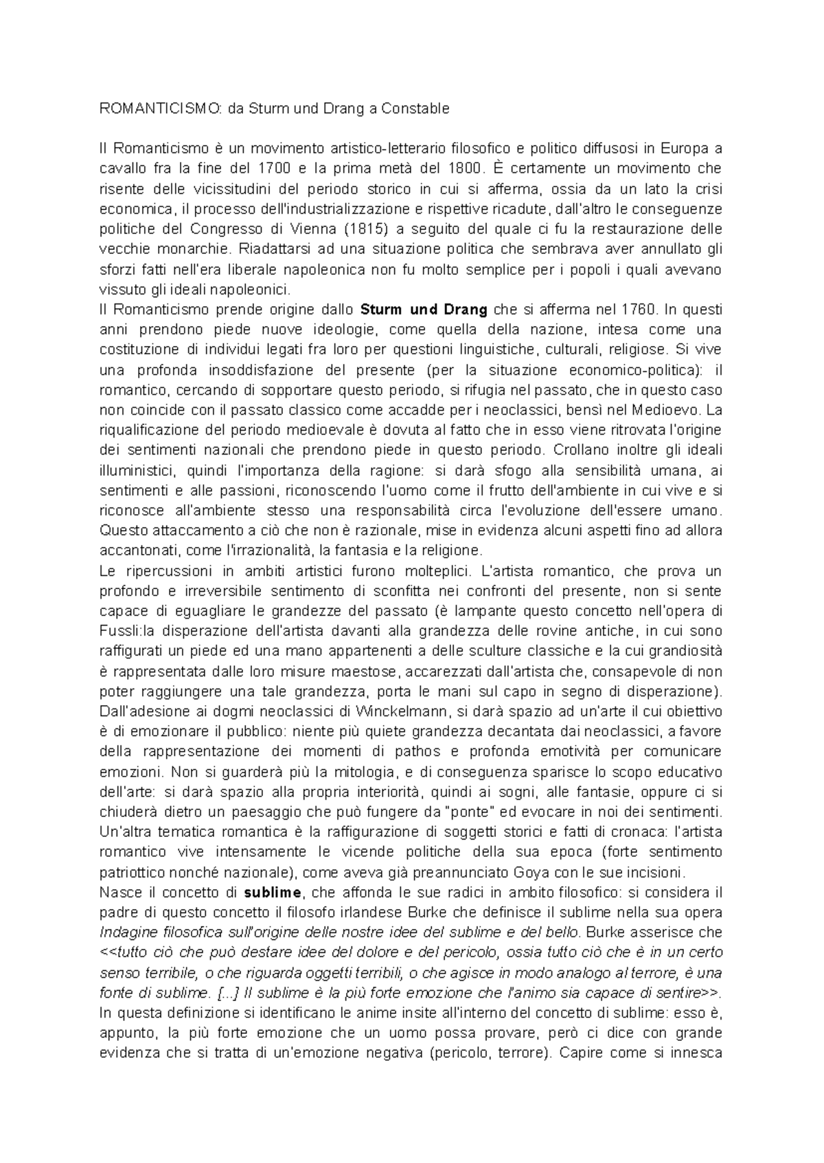 Romanticismo (ARTE): Da Sturm und Drang a Constable - Studocu