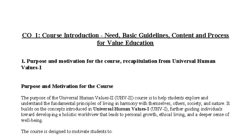 CO 1: Intro to Value Education - Purpose, Guidelines, and Content - Studocu