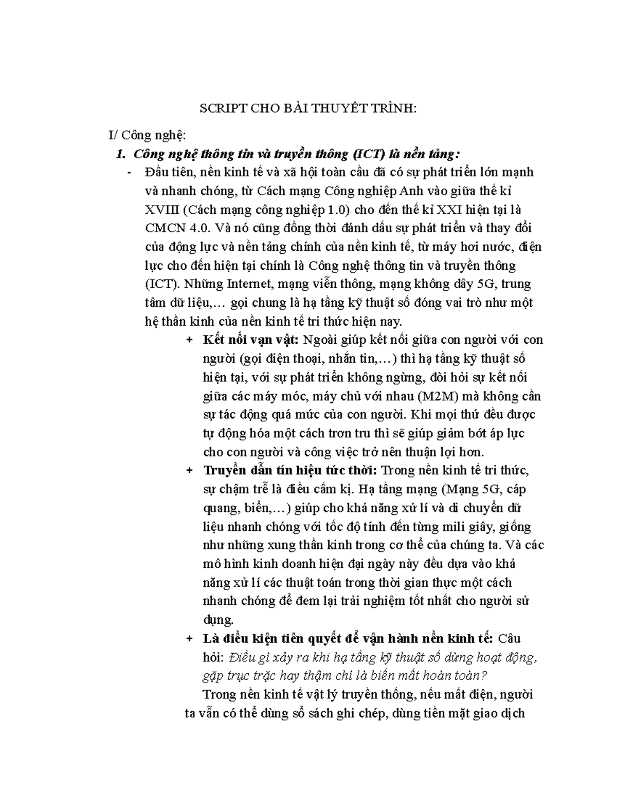 SCRIPT CHO BÀI THUYẾT TRÌNH: Công Nghệ Thông Tin và Kinh Tế Tri Thức ...