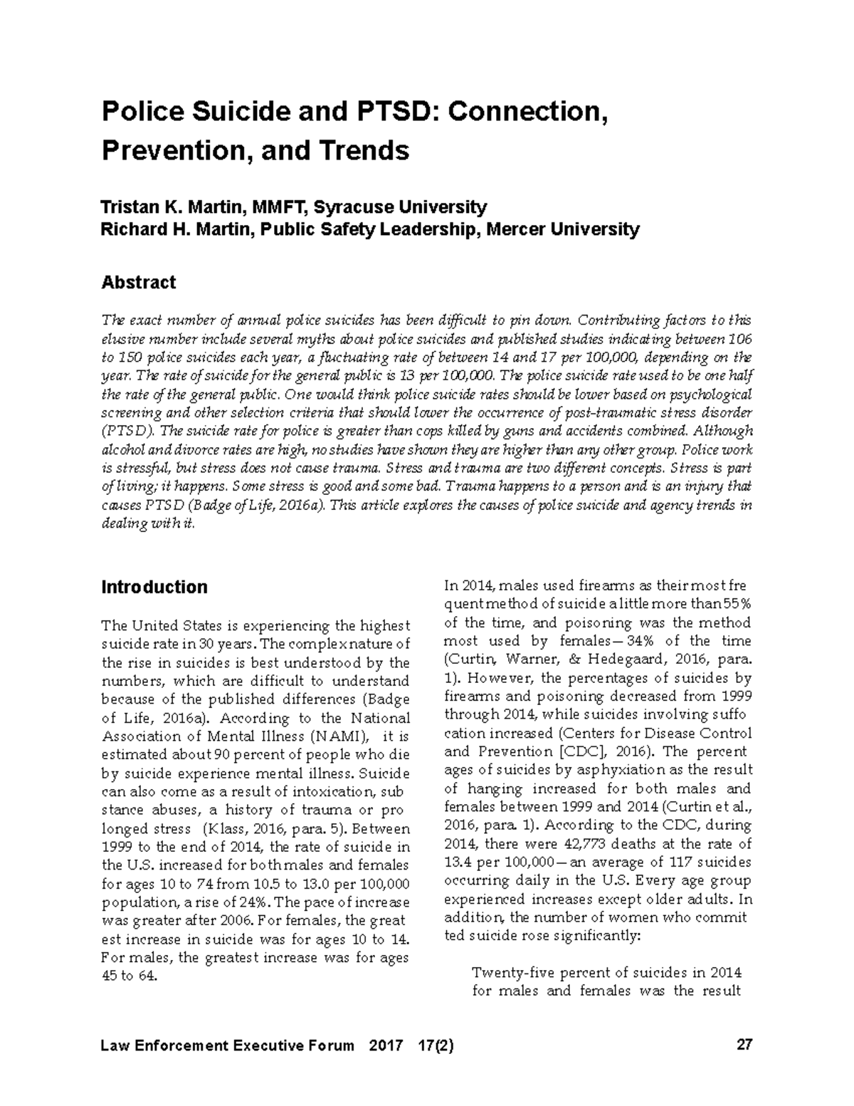Police Suicide & PTSD: Trends, Prevention, and Major Challenges - Studocu