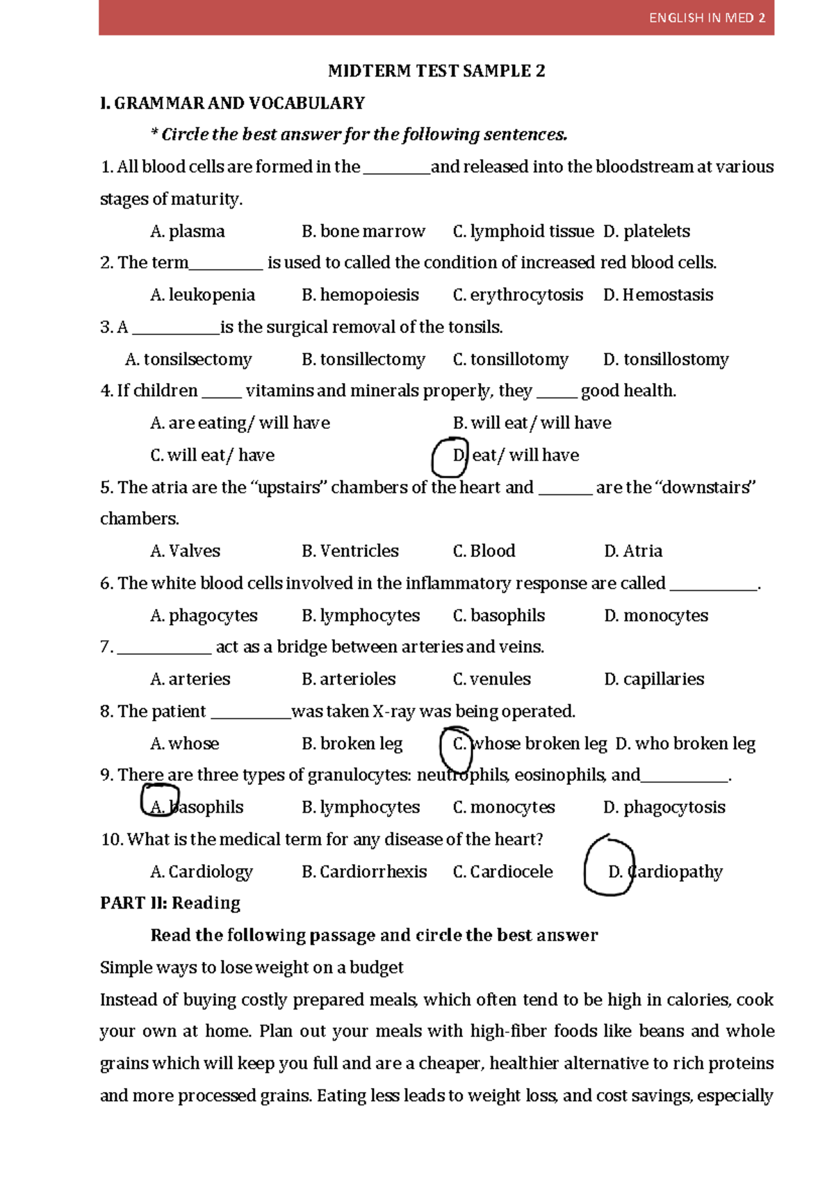ENGLISH IN MED 2 MIDTERM TEST SAMPLE 2: GRAMMAR & VOCABULARY - Studocu