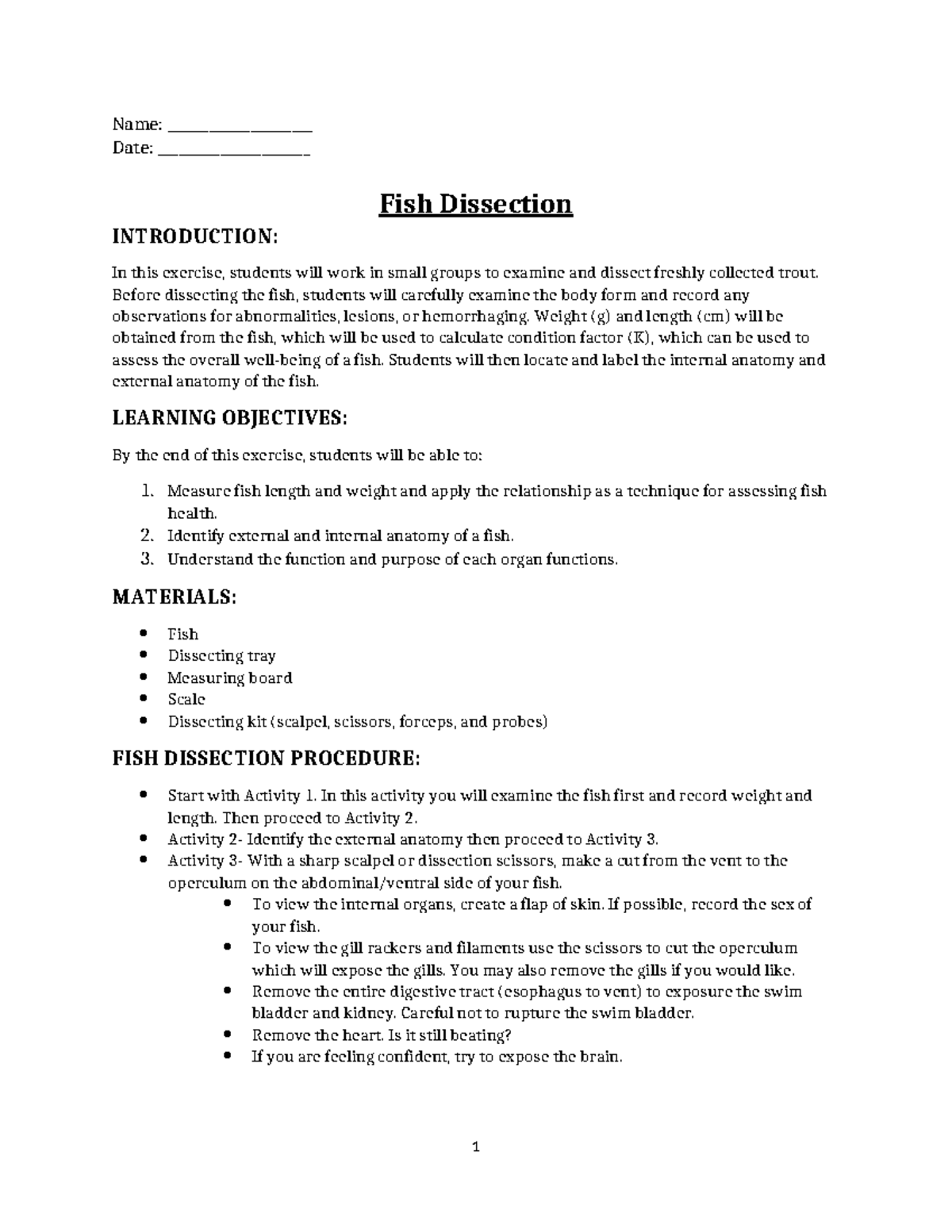 Fish Dissection Exercise: Health Assessment & Anatomy Study - Studocu