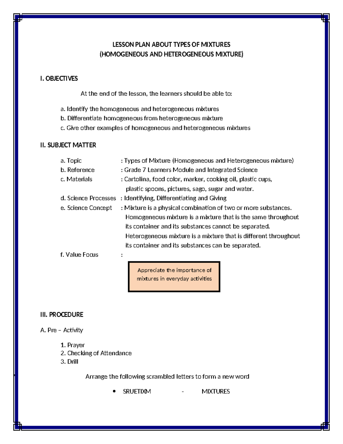 Lesson plan about types of mixtures homogeneous and heterogeneous ...
