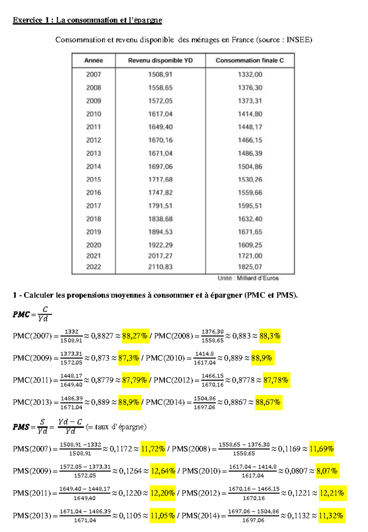 TD Macro TYPE - Exercice 1 : La consommation et l’épargne Consommation et revenu disponible des ...