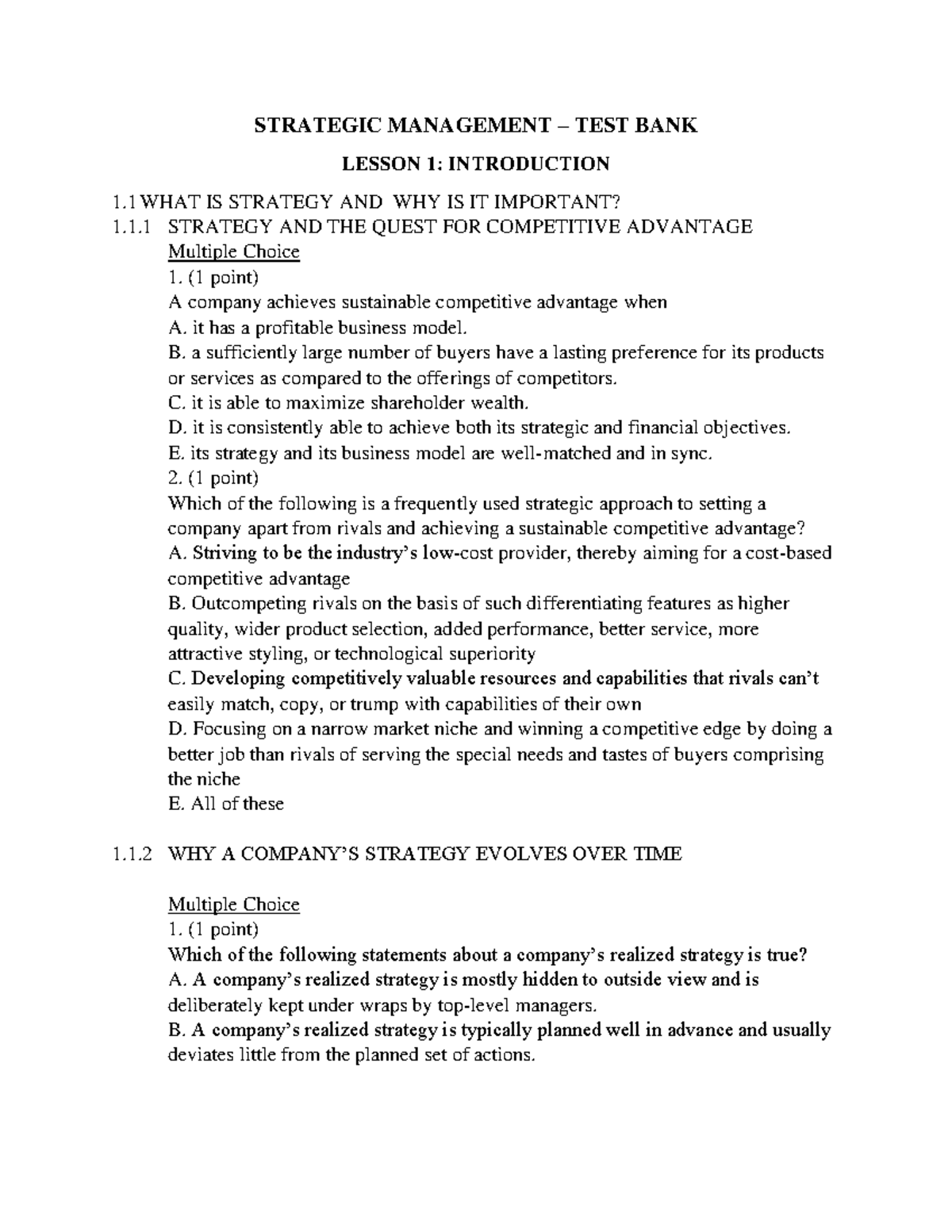 Strategic Management Test Bank: Lesson 1 - Introduction to Strategy ...