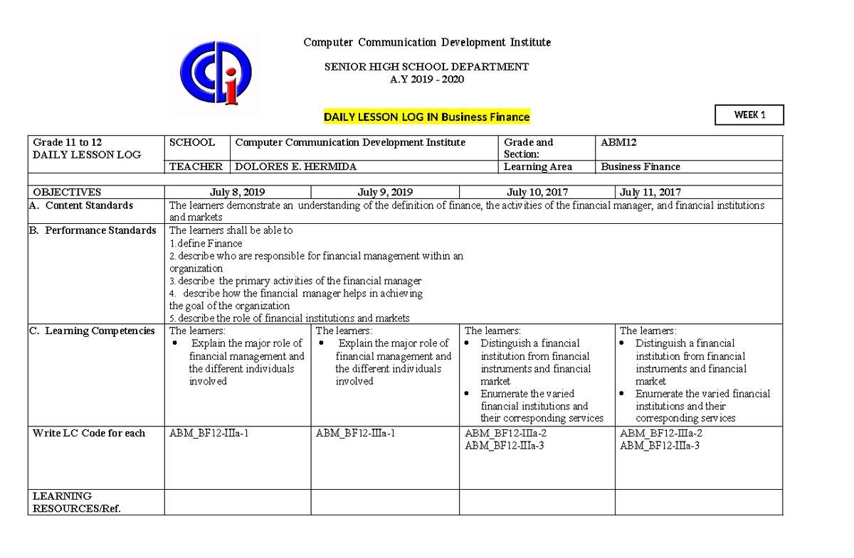 ABM12 Business Finance Week 1 Daily Lesson Log (A.Y. 2019-2020) - Studocu