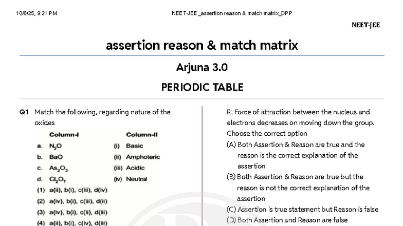 NEET-JEE PT Assertion-Reason Match Matrix Questions - Studocu