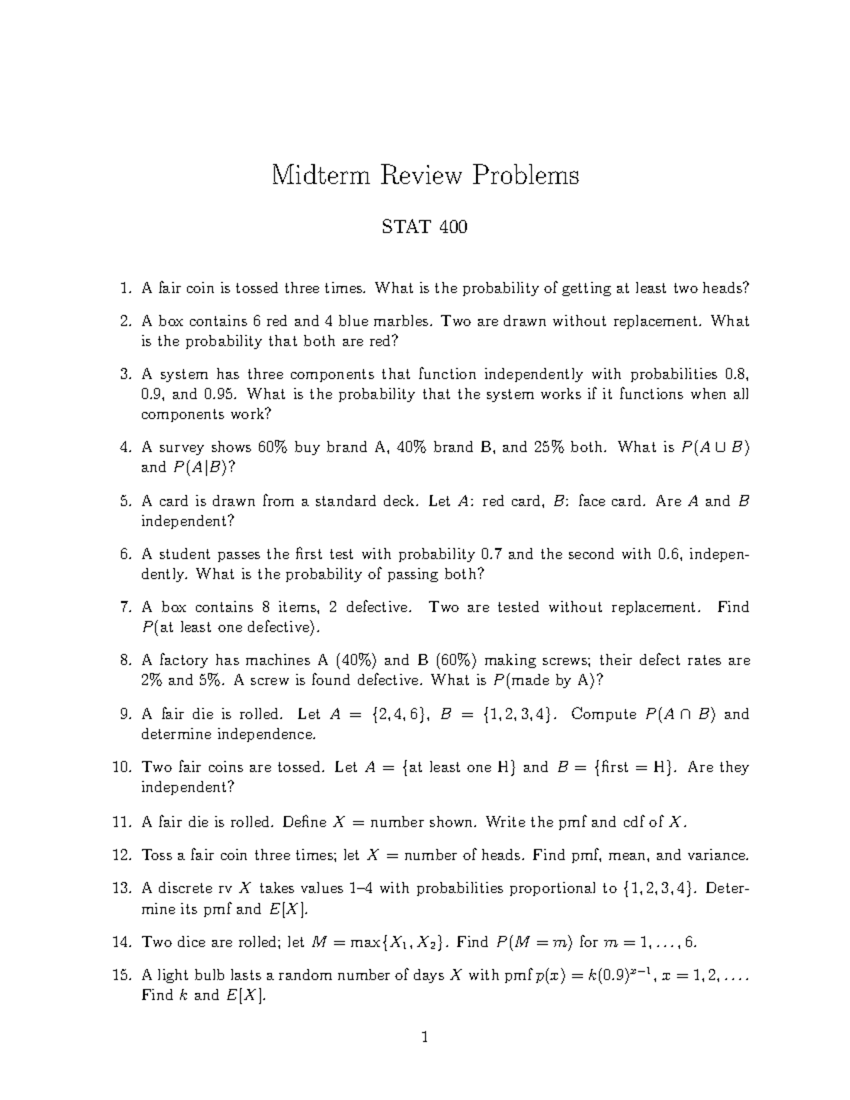 STAT 400 Midterm Review: Probability & Random Variables Problems - Studocu