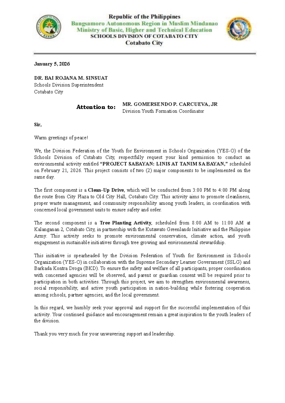 Permission Letter for Project Sabayan: Environmental Activity - Studocu