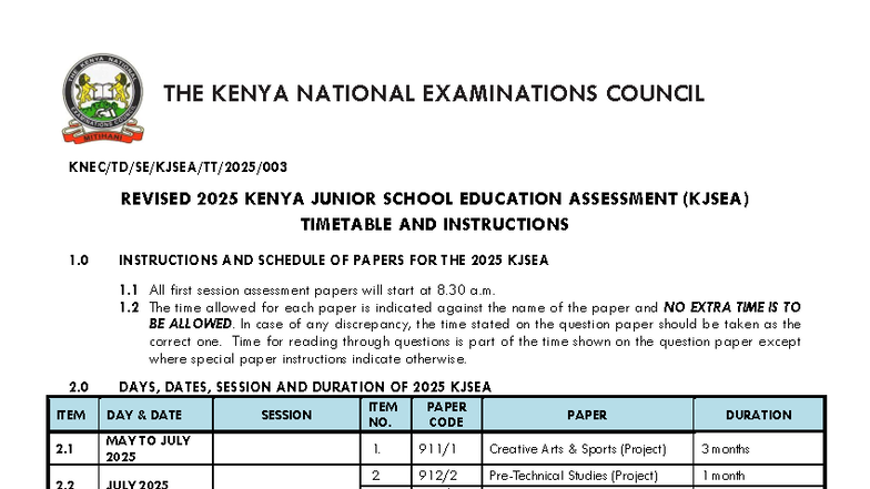 2025 KJSEA Timetable & Instructions for Candidates - Studocu
