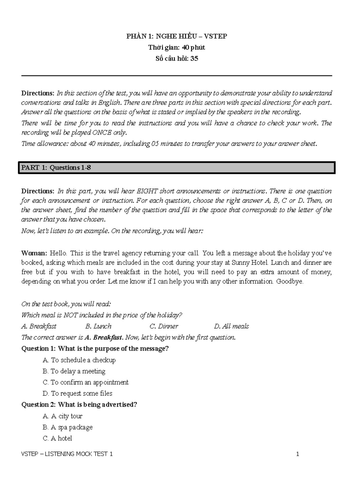 VSTEP Listening Mock Test 1: Understanding Conversations and Talks ...