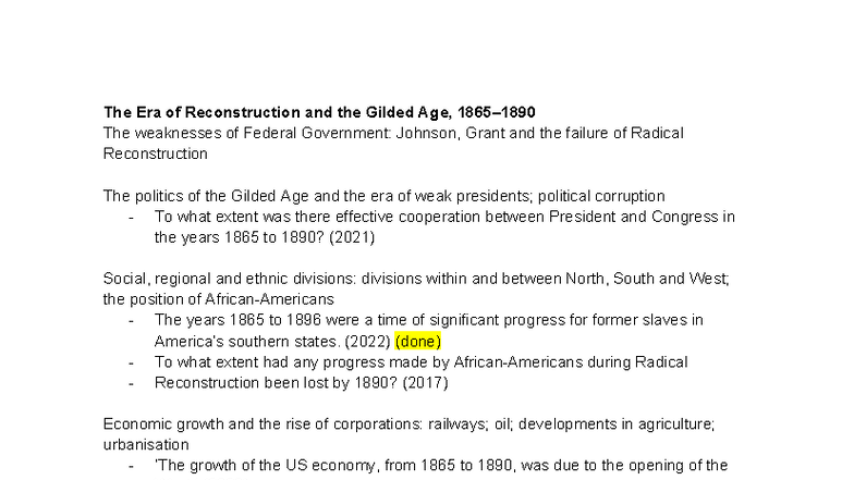 1K USA Past Paper: Reconstruction, Gilded Age, and Economic Changes ...