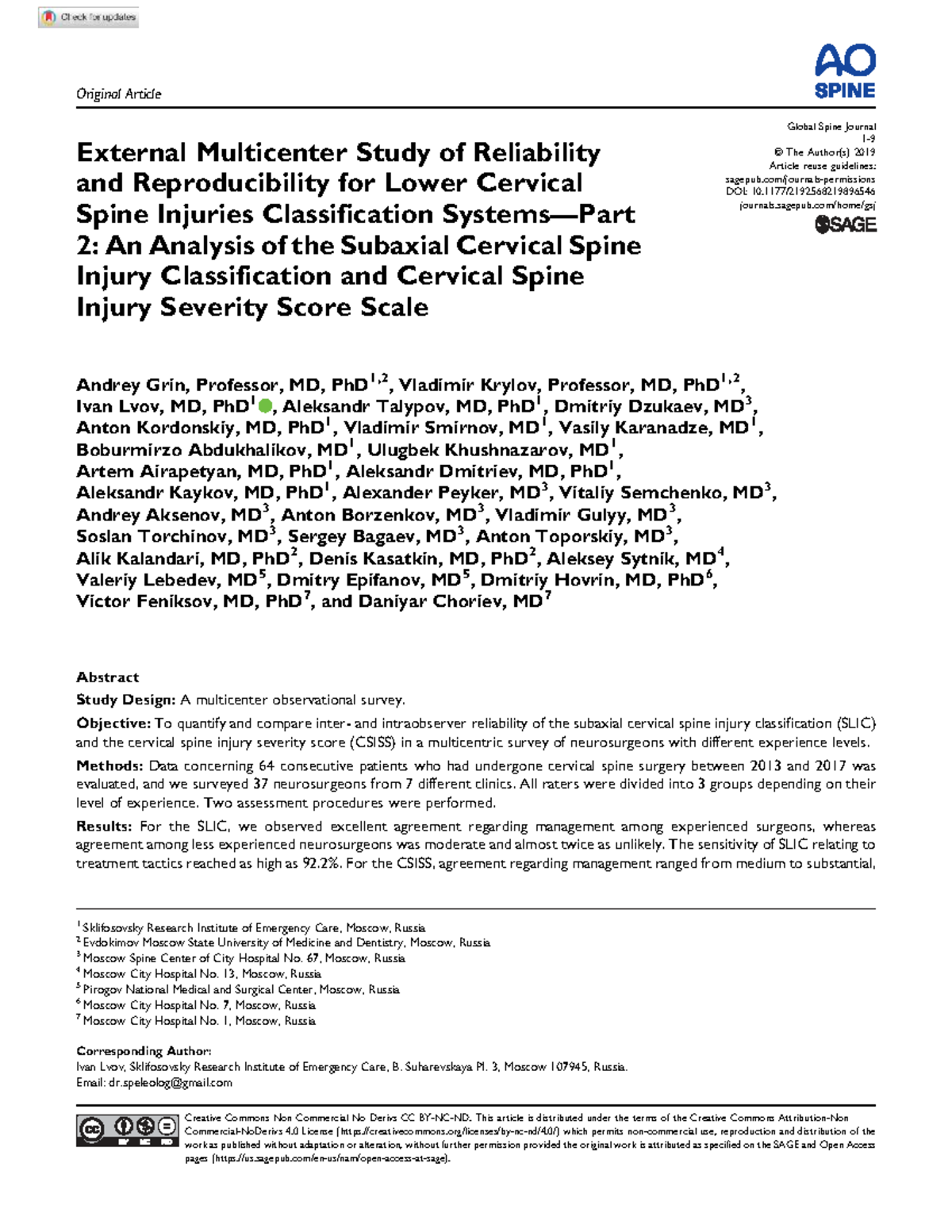 External Multicenter Study on SLIC and CSISS Reliability in Cervical ...
