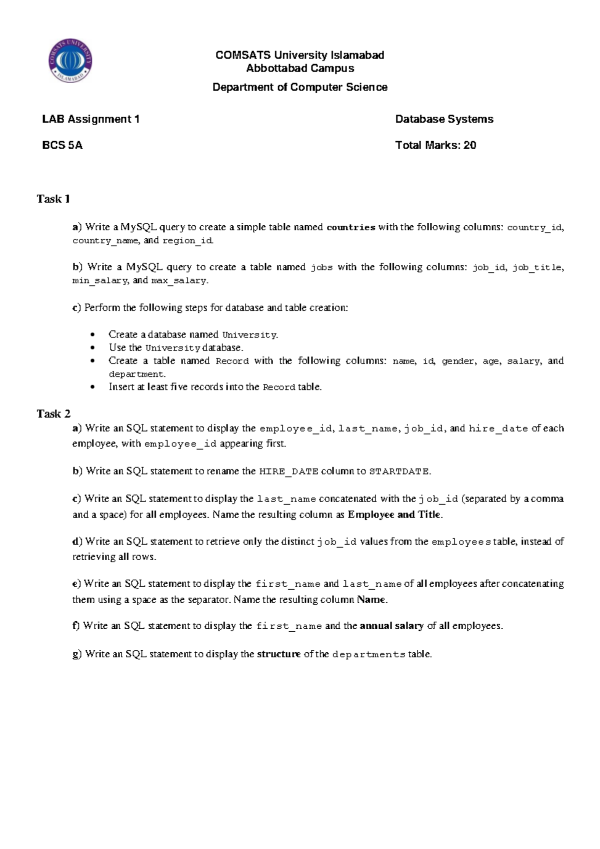 LAB Assignment 1: Database Systems BCS 5A - SQL Queries and Tasks - Studocu