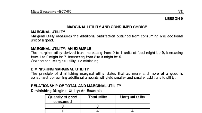 Micro Economics VU Lesson 9: Marginal Utility & Consumer Choice - Studocu