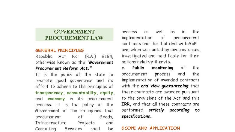 GOVERNMENT PROCUREMENT LAW: GENERAL PRINCIPLES & R.A. 9184 Overview ...